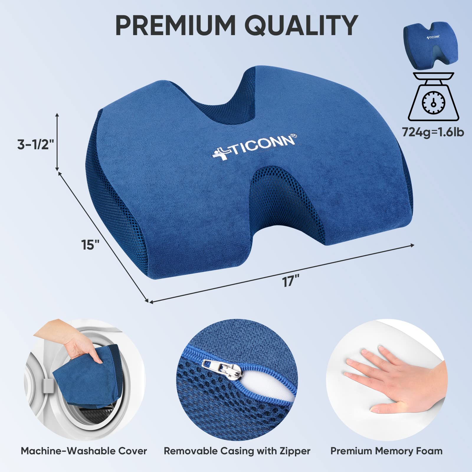 TICONN Memory Foam Seat Cushion, Office Chair Cushion Butt Pillow for Long Sitting (Blue)