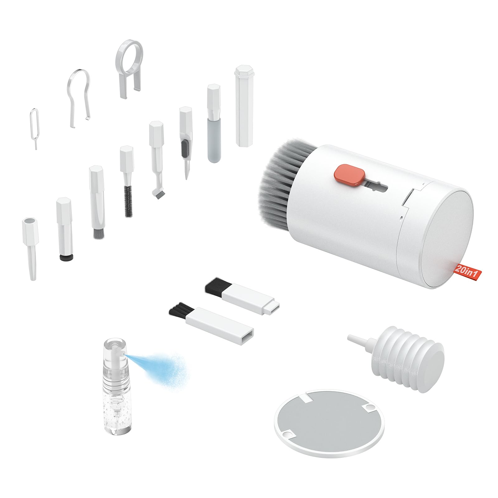 Tounee Keyboard Cleaner Kit, Electronics Cleaning Kit with Retractable Big Brush, Portable, 20 in 1 Multi-Tool Kit for Phones, Tablet, Computer, PC Monitor,TV Camera Lens with 2.5ml Mist Spray (White)