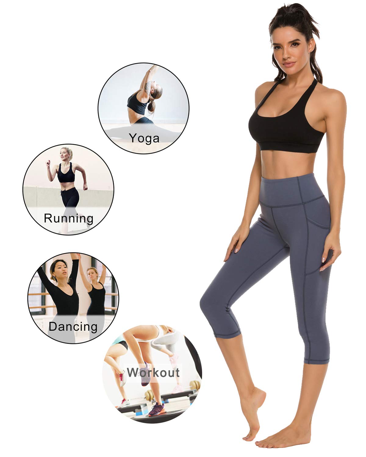 Stelle Womens High Waisted Legging Yoga Pants with Pockets for Gym Workout (Cotton Like Softness-Grey Blue, Large)