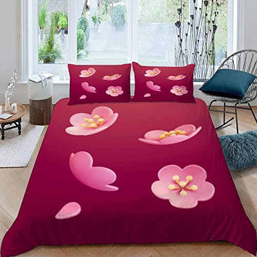 Quilt Cover Queen Size Pink Flower 3D Bedding Sets Peach Blossom Duvet Cover Breathable Hypoallergenic Stain Wrinkle Resistant Microfiber with Zipper Closure,beding Set with 2 Pillowcase