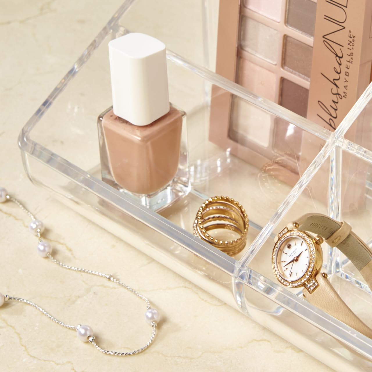 STORi Clear Plastic Vanity Makeup Organizer | 6-Compartment Holder for Brushes, Eyeshadow Palettes, & Beauty Supplies | Curved Front Design | Made in USA