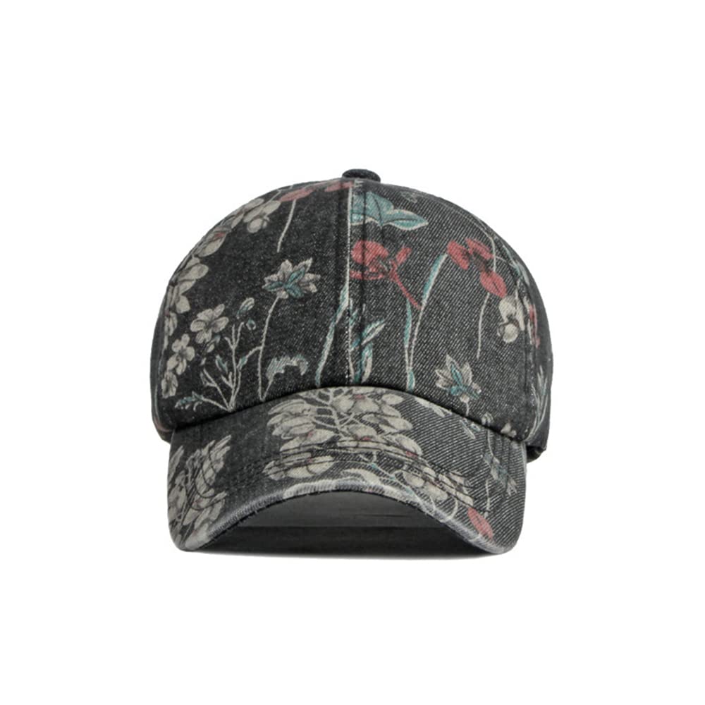 yosuwer Unisex Floral Print Baseball Cap Adjustable Washed Denim Sport Trucker Dad Visor Hat (One Size, Black)