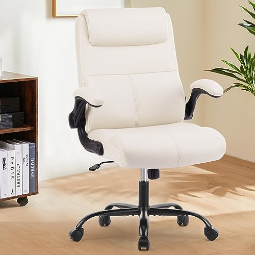 Sweetcrispy Ergonomic Executive Office Chair: Desk Chair with Wheels Mid Back Computer Chair with Lumbar Support Height Adjustable PU Leather Office Chair Flip Up Arms, Beige White
