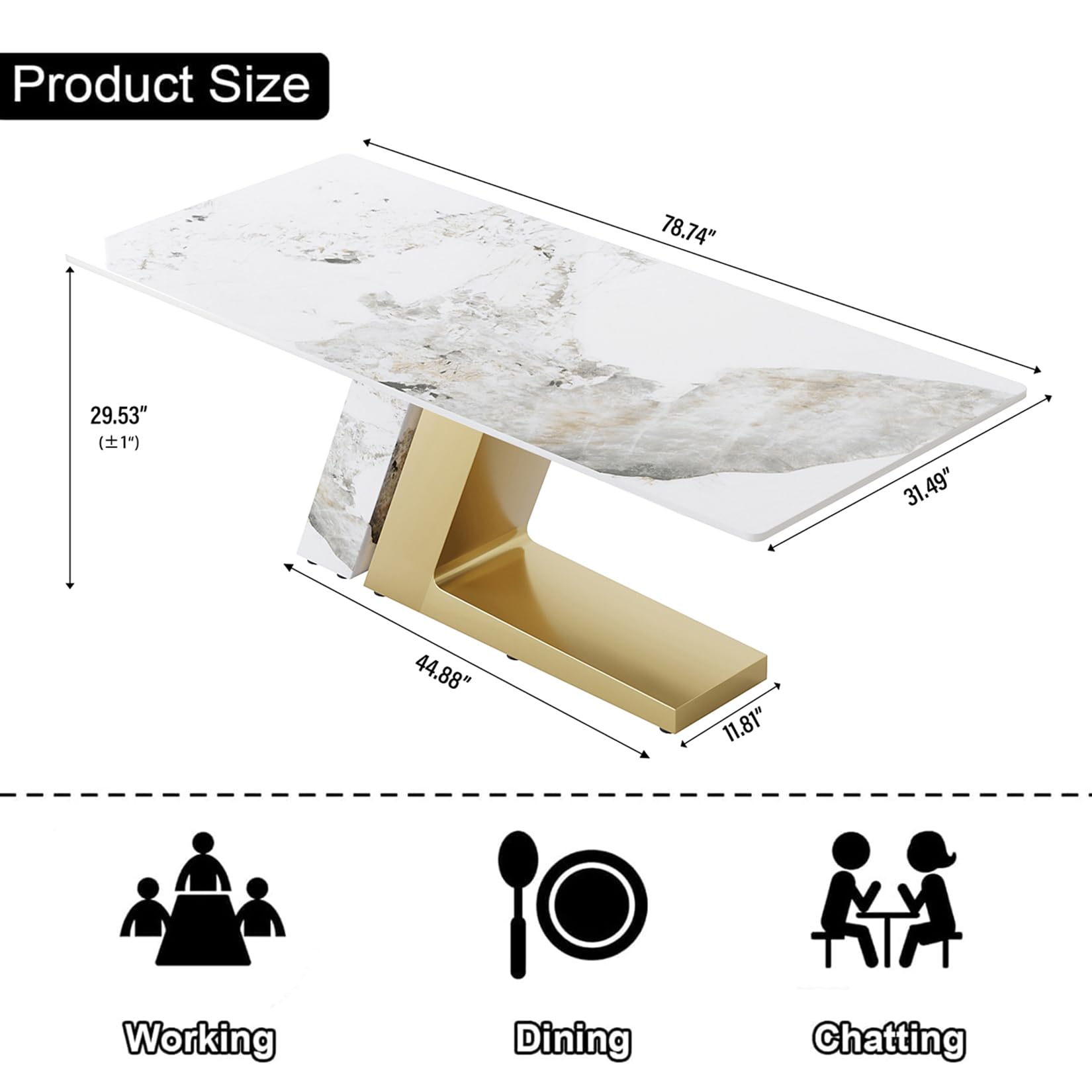 Sintered Stone Dining Table, 78.74" Modern Dining Room Table for 8 Person with Metal Base, Rectangle Kitchen Table Coffee Table for Apartment, Office Multifuntional Meeting Desk(Table Only)
