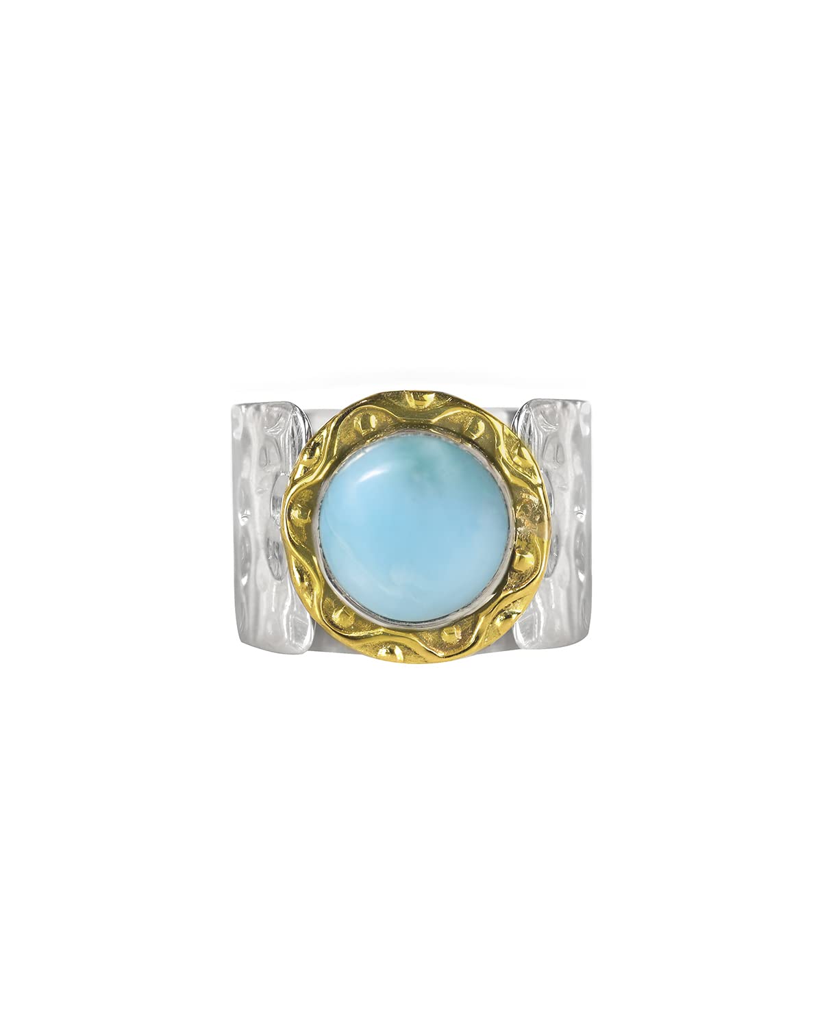 YoTreasure Natural Larimar Solid 925 Sterling Silver Brass Wide Band Bold Ring