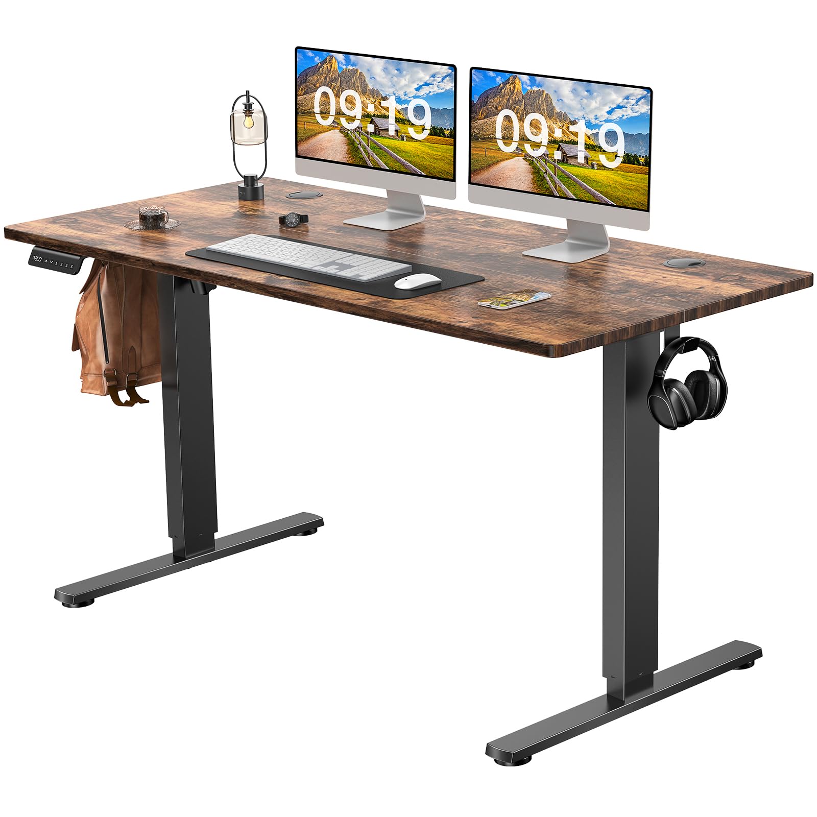 Sweetcrispy Height, 23.62" D x 55.12" W x 30" H Electric 3 Memory Presets Adjustable Stand T-Shaped Bracket, Ergonomic Computer Desk for Home Office, Rustic Brown, 55in