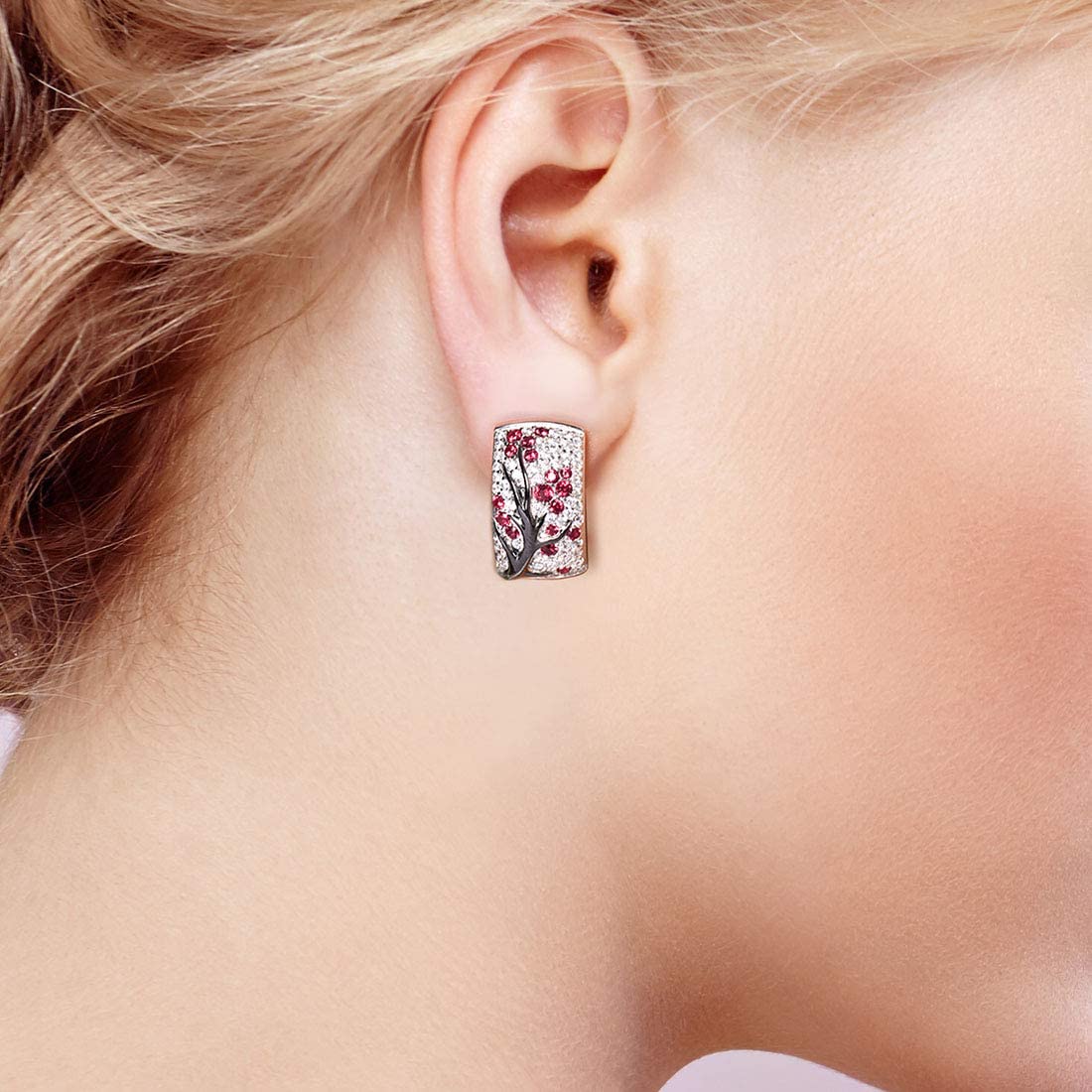 Santuzza 925 Sterling Silver Cherry Earrings Created Ruby Cubic Zirconia Tree Branches Dangle Earrings for Women