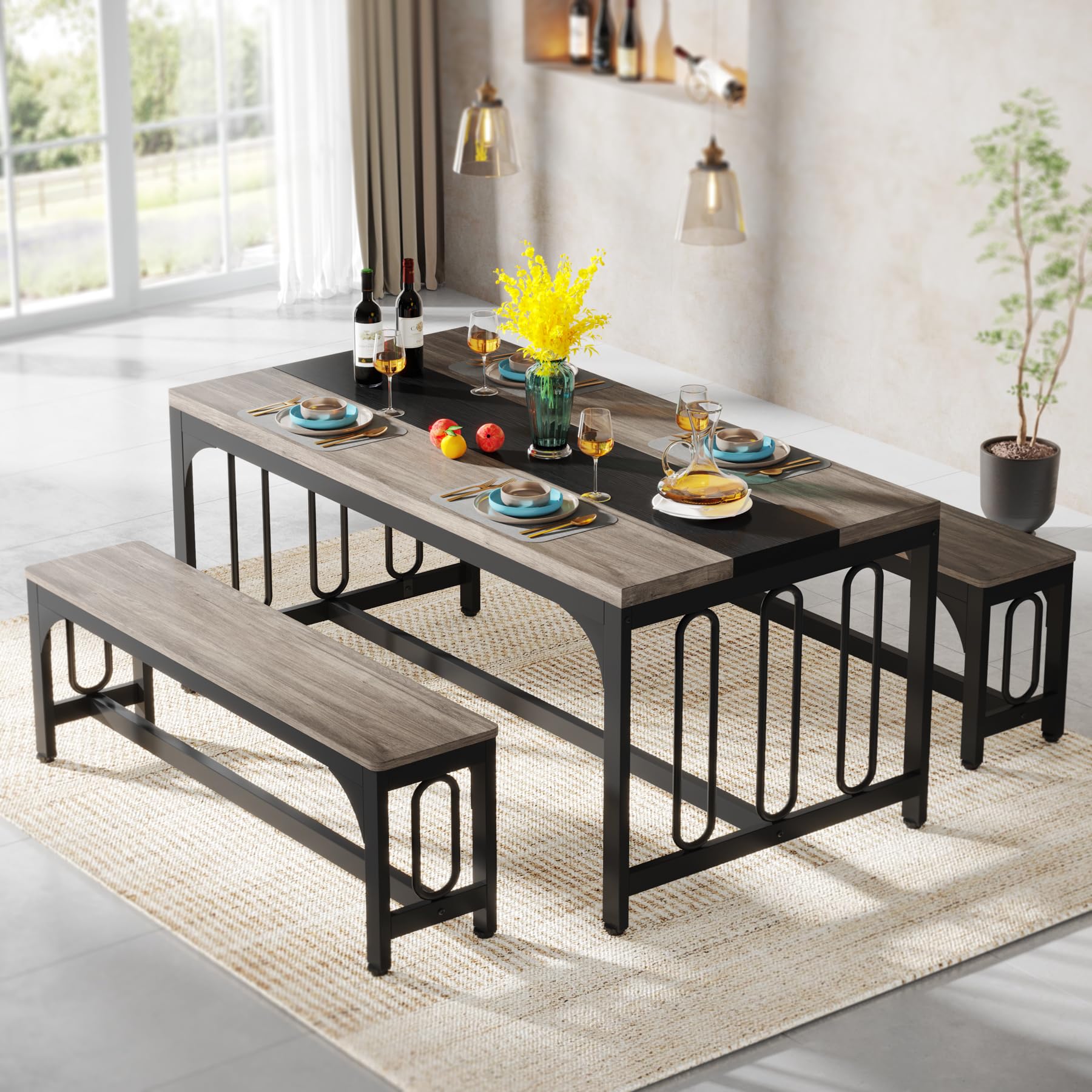 Tribesigns 55 Inch Dining Table Set for 4-6, 3-Piece Kitchen Table with 2 Benches, Space-Saving Dining Room Table Set for Home Kitchen, Restaurant, Rustic Brown