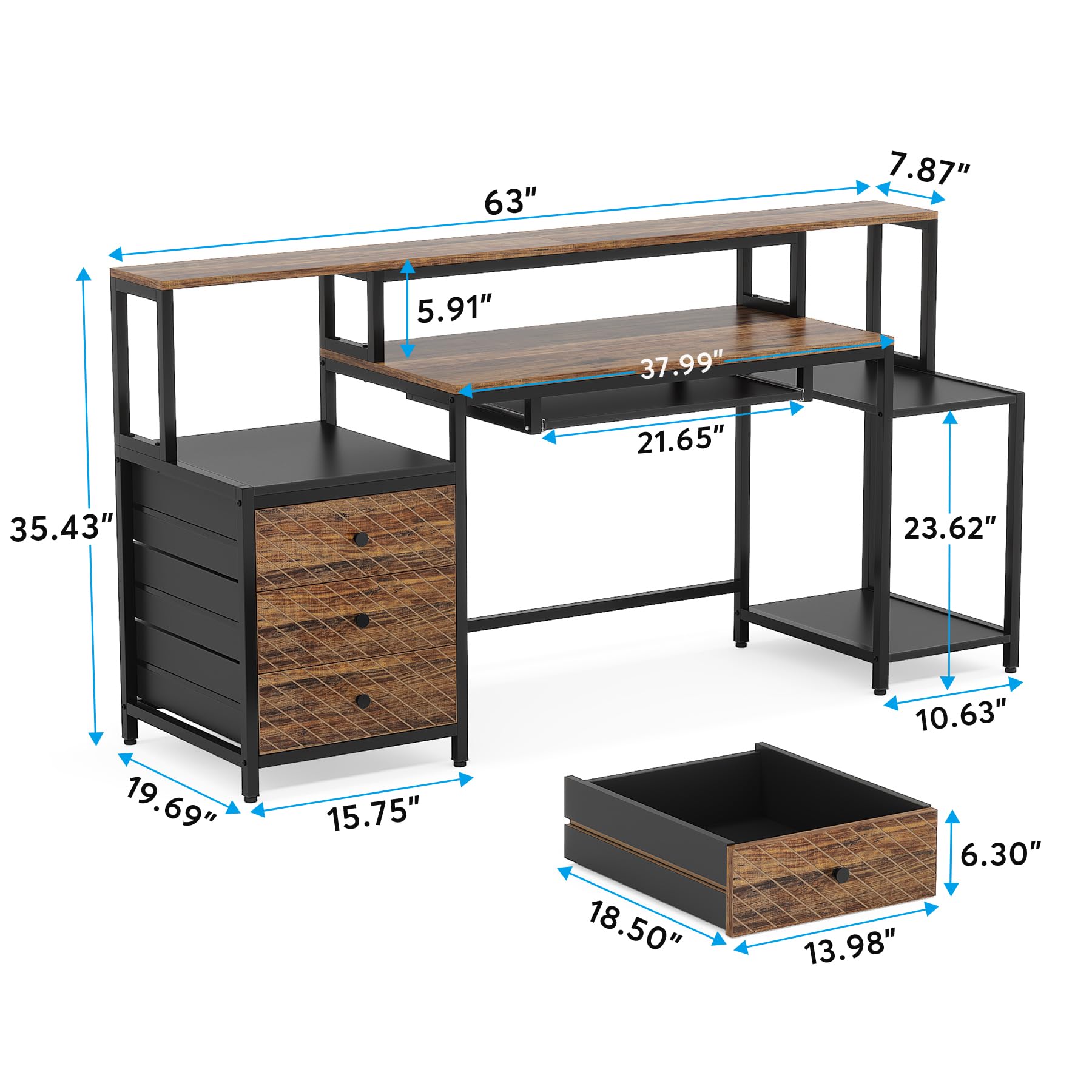 Tribesigns Computer Desk with 3 Drawers, 63 inch Home Office Desk with Monitor Shelf, Industrial Reversible Long PC Gaming Desk with Keyboard Tray, Study Writing Table Workstation, Gray