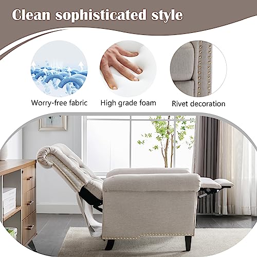 Pushback Recliner Chair, Modern Button Tufted Wingback Single Sofa Chair with Nailheads & Roll Arm & Solid Wood Legs, Comfy Linen Upholstered Manual Reclining Sofa for Home Theatre Living Room, Tan