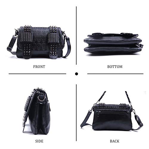 SUKUTU Womens Punk Skull Rivet Shoulder Bag PU Leather Goth Crossbody Bag with Chain Wallet Purse for Girls