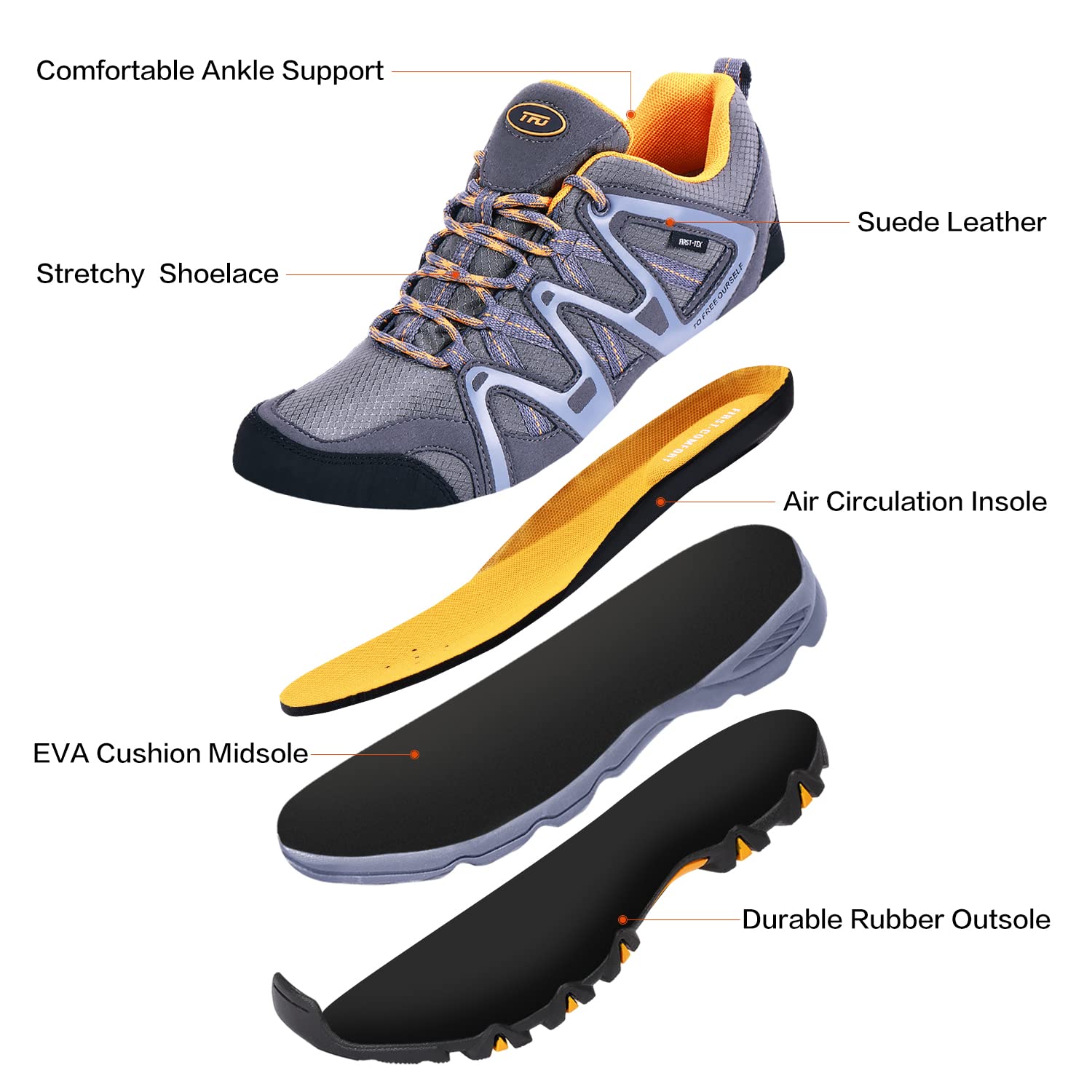 TFO Hiking Shoes Men Waterproof Air Circulation Insole Ankle Support Non-Slip Lightweight for Outdoor Trekking Walking Grey