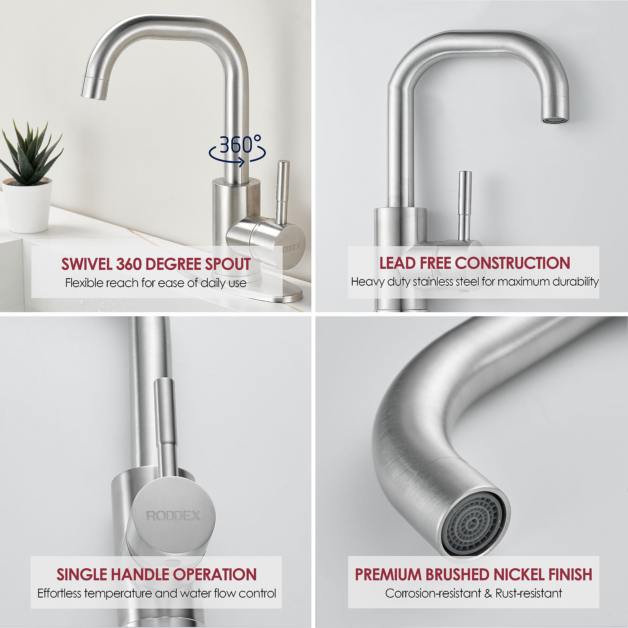 RODDEX Square Bar Sink Faucet, Single Handle Bar Mixer with 3 Hole Deck Plate, Utility Stainless Steel Cheese Faucets for rv Camper Laundry Outdoor Farmhouse Kitchen Sink (Brushed Nickel, Small)