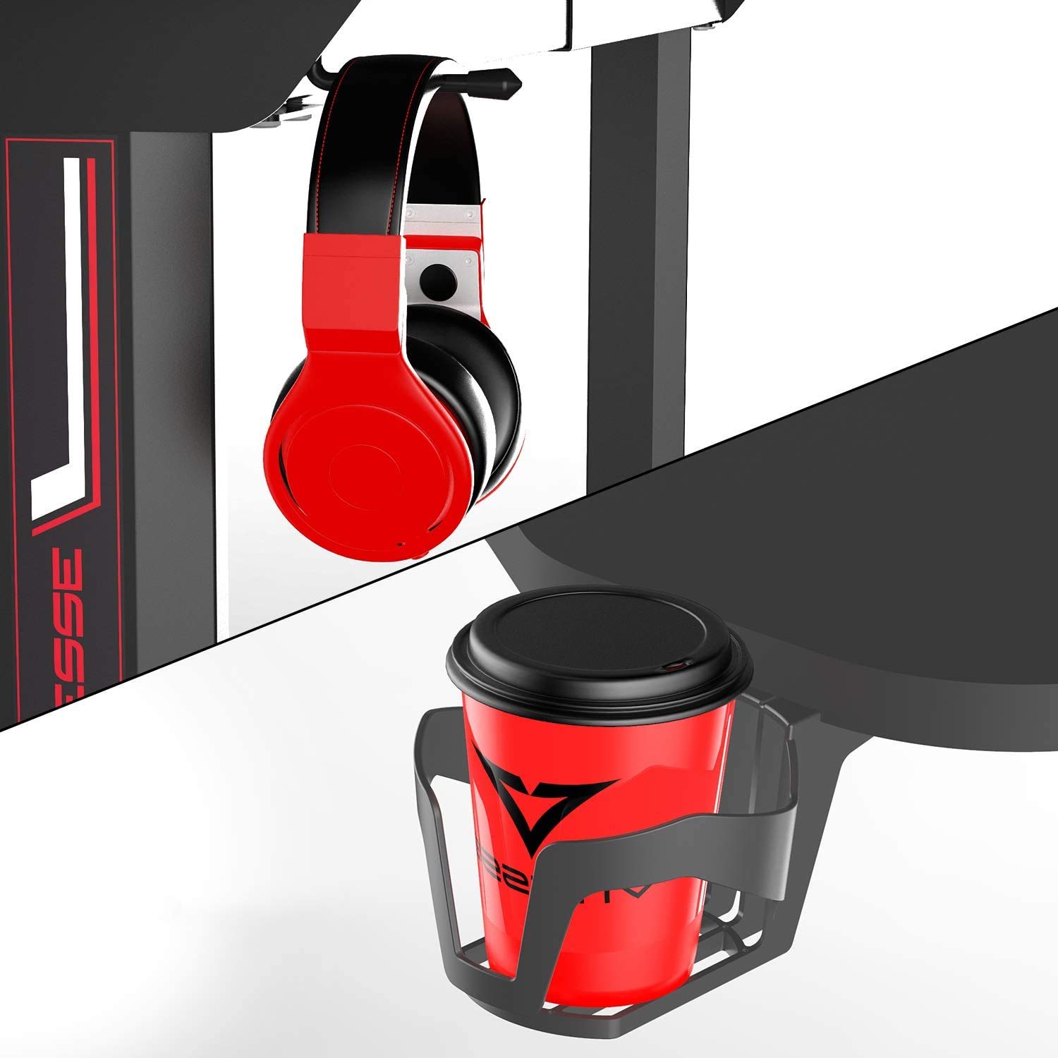 VIT 63 Inch Ergonomic Gaming Desk, T Shaped Office PC Computer Desk with Full Desk Mouse Pad, Gamer Tables Pro with USB Gaming Handle Rack, Stand Cup Holder&Headphone Hook, Carbon Black