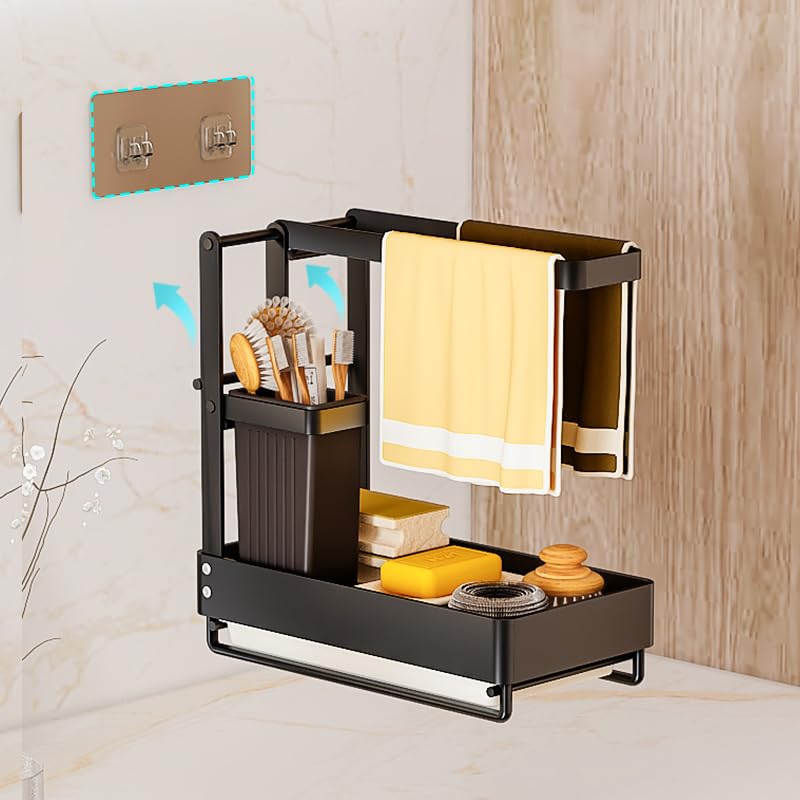 Triflice 4-in-1 Sink Caddy, Foldable Kitchen Sink Organizer with Drain Pan Tray, 2 Ways Install Rustproof Movable Sponge Holder - Dish Brush Holder, Sponge Holder for Kitchen Sink (Cup Not Included)
