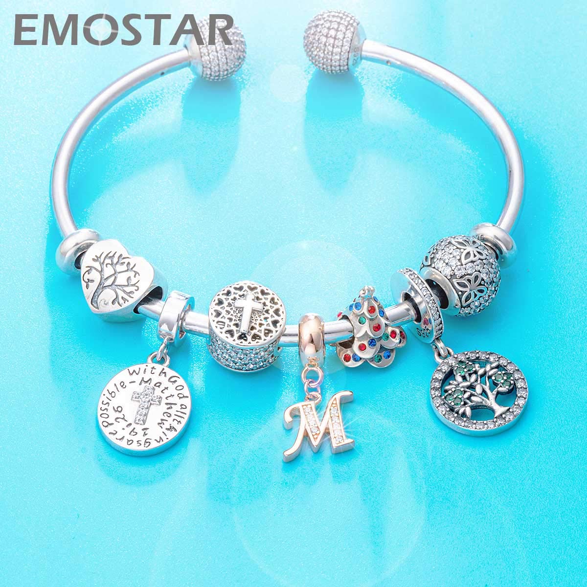 Rose Gold Letter M Charms fits Pandora Bracelet, Initial A-Z Alphabet Beads, 925 Sterling Silver Letra Dangle CZ Necklace Pendant, Gift for First Mothers Day/Valentines