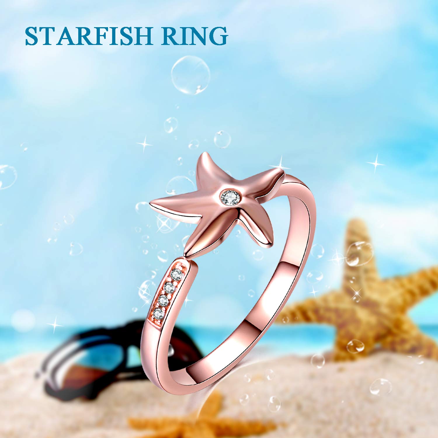 Rose Gold Plated Sterling Silver Starfish Open Ring for Women Teens, Aniamal Jewelry Gifts for Her, (Adjustable Size 6.5-7.5)