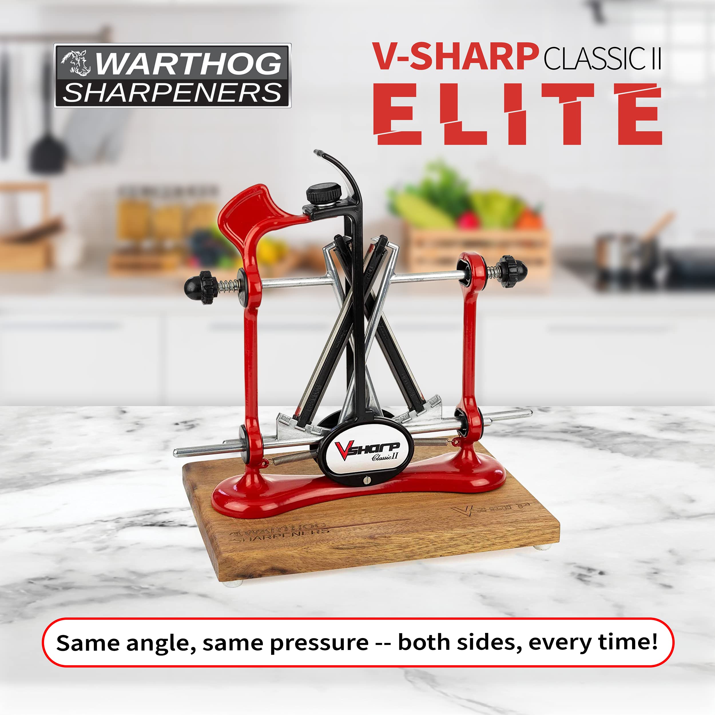 Warthog V-Sharp Elite Knife Sharpeners with Deluxe Wooden Base, 325 Grit Diamond Rods with Adjustable Angles, Professional Knife Sharpener System, Metal Frame Construction, Red
