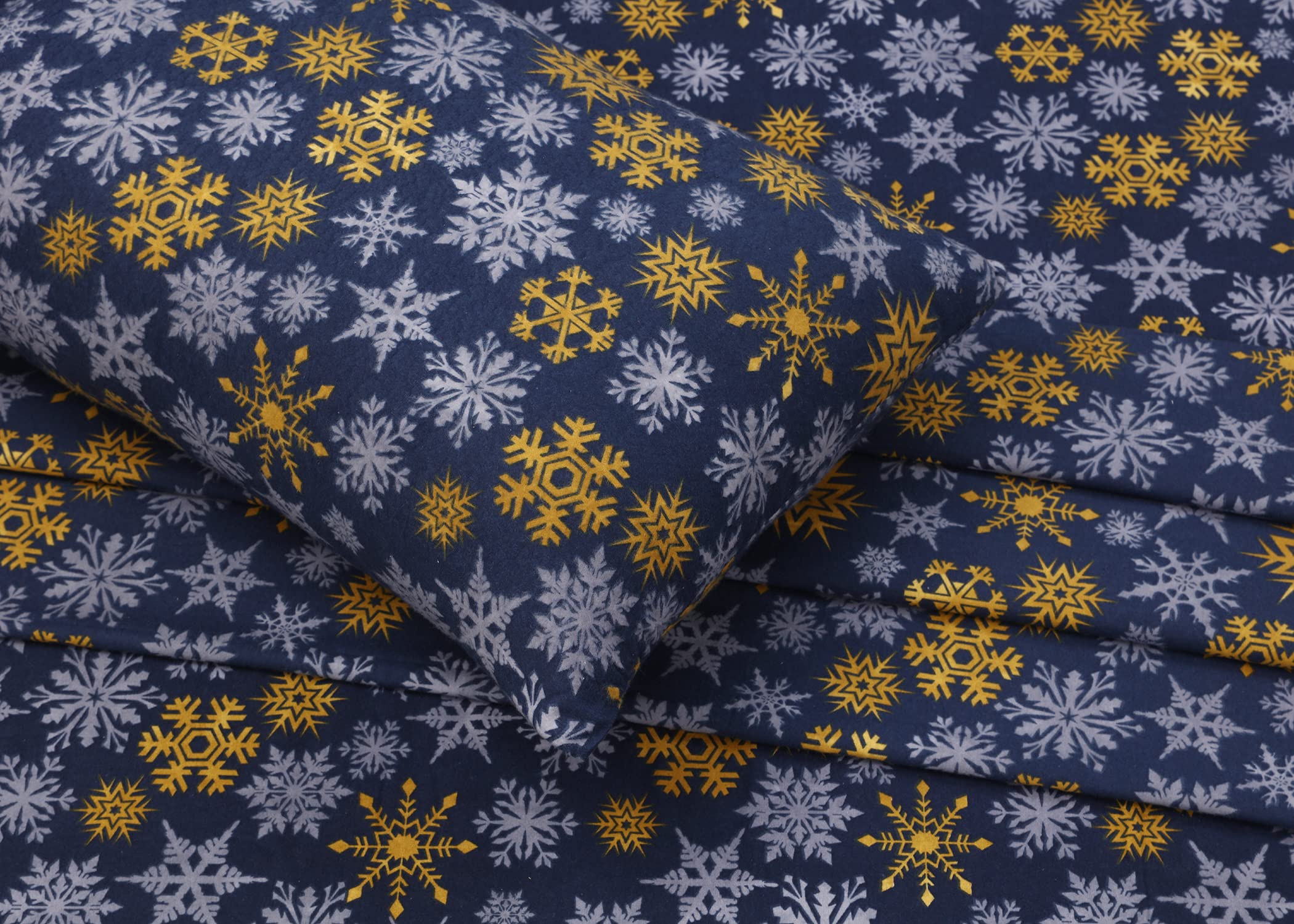 RUVANTI Flannel Sheets Full Size - 100% Cotton Brushed Flannel Bed Sheet Sets - Deep Pockets 16 Inches (fits up to 18") - All Seasons Breathable & Super Soft - Warm & Cozy - 4 Pcs - Snow Flake Gold