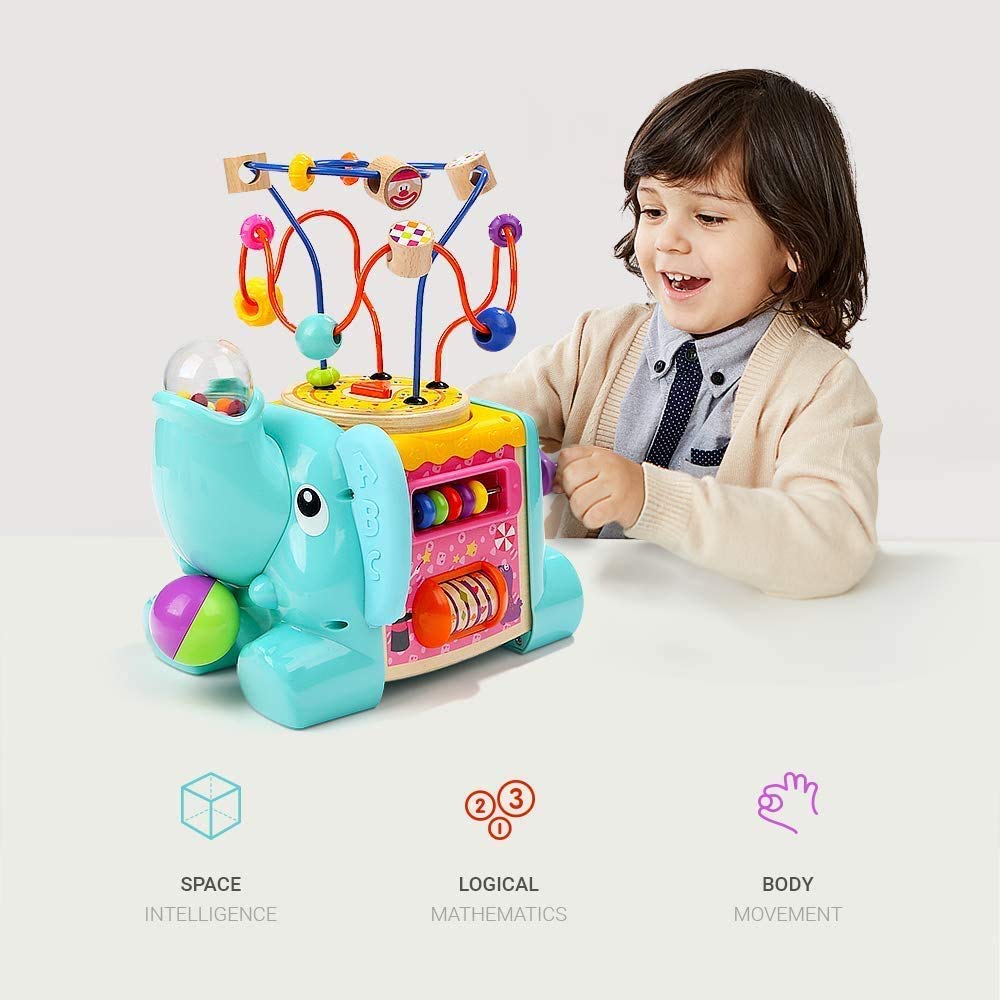 TOP BRIGHT Activity Cube Toys for 1 Year Old Girl, Toddlers Wooden 7 in 1 Activity Cube Center Playset with Bead Maze Shape Sorter