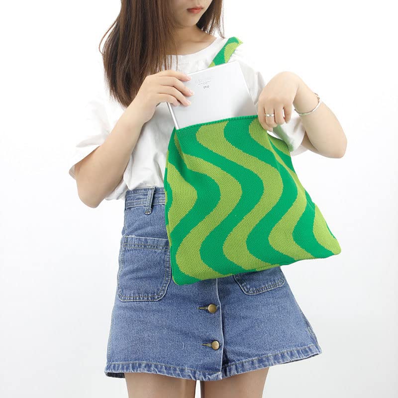 Woven Tote Bag, Knitted Messenger Bag Wavy Striped Shoulder Bag Underarm Colorblocking Women'S Bag (orange green)