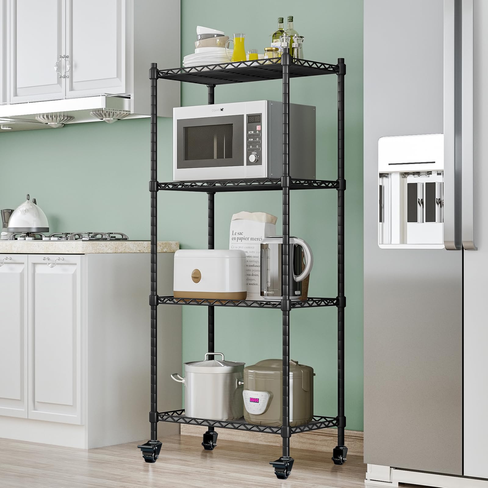 SORCEDAS Shelves 4 Tier Adjustable Utility Metal Storage Wire Rack Unit for Home Kitchen Garage Bathroom Office Indoor Black (Black, 4 Tier-with Wheel)