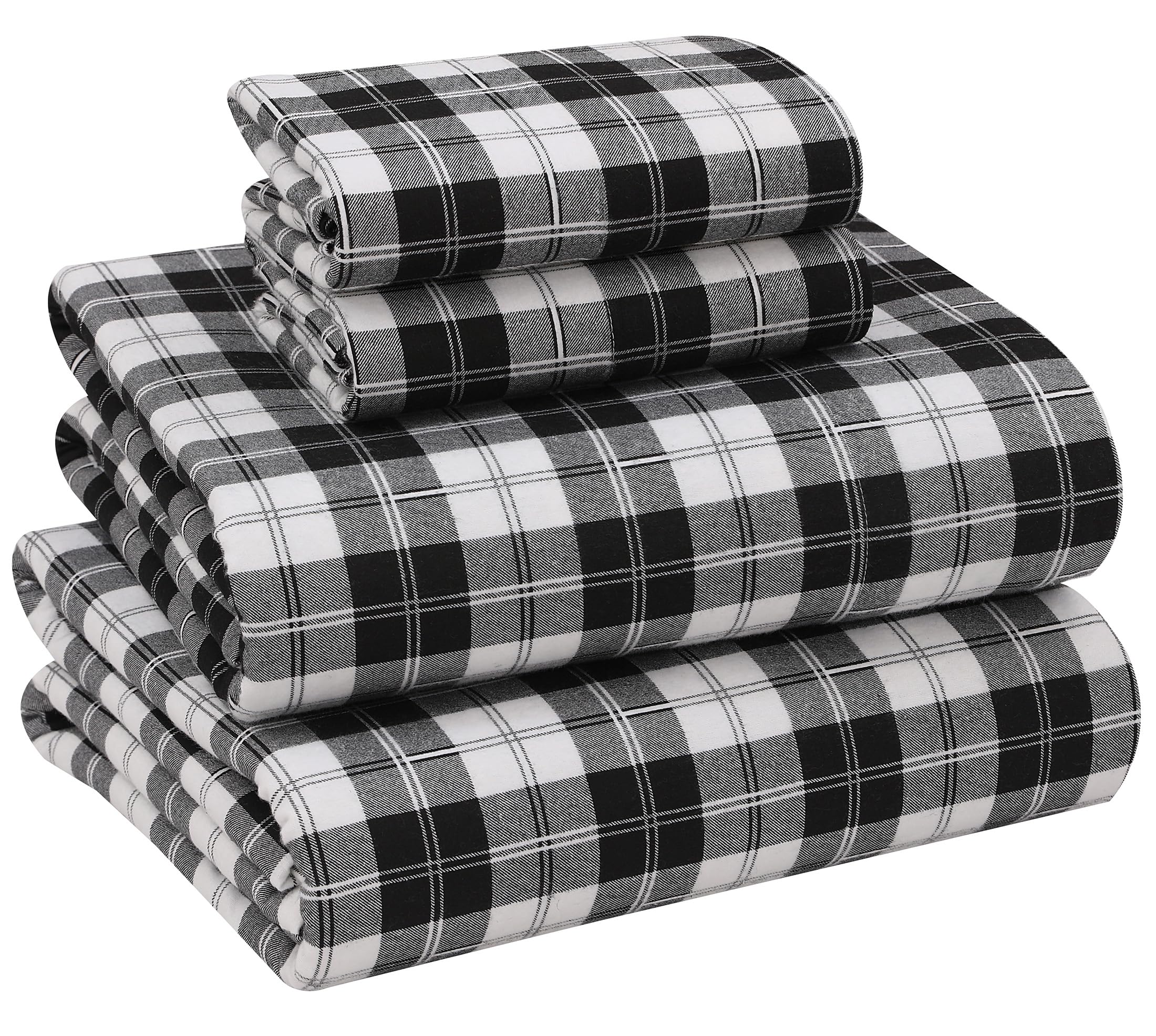 RUVANTI Flannel Sheets Full Size - 100% Cotton Brushed Bed Sheet Sets - Deep Pockets 16 Inches (fits up to 18") - All Seasons Breathable Super Soft - Warm & Cozy - 4 Pcs - Black & White Plaid