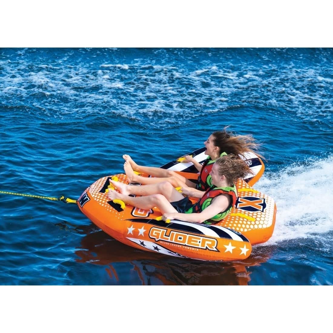 WOW Sports - Glider Inflatable Towable Tube w/ Flex Seating - 1 - 2 Riders - Perfect For Kids & Adults - Soft Top Deck Tube - Boating Accessory