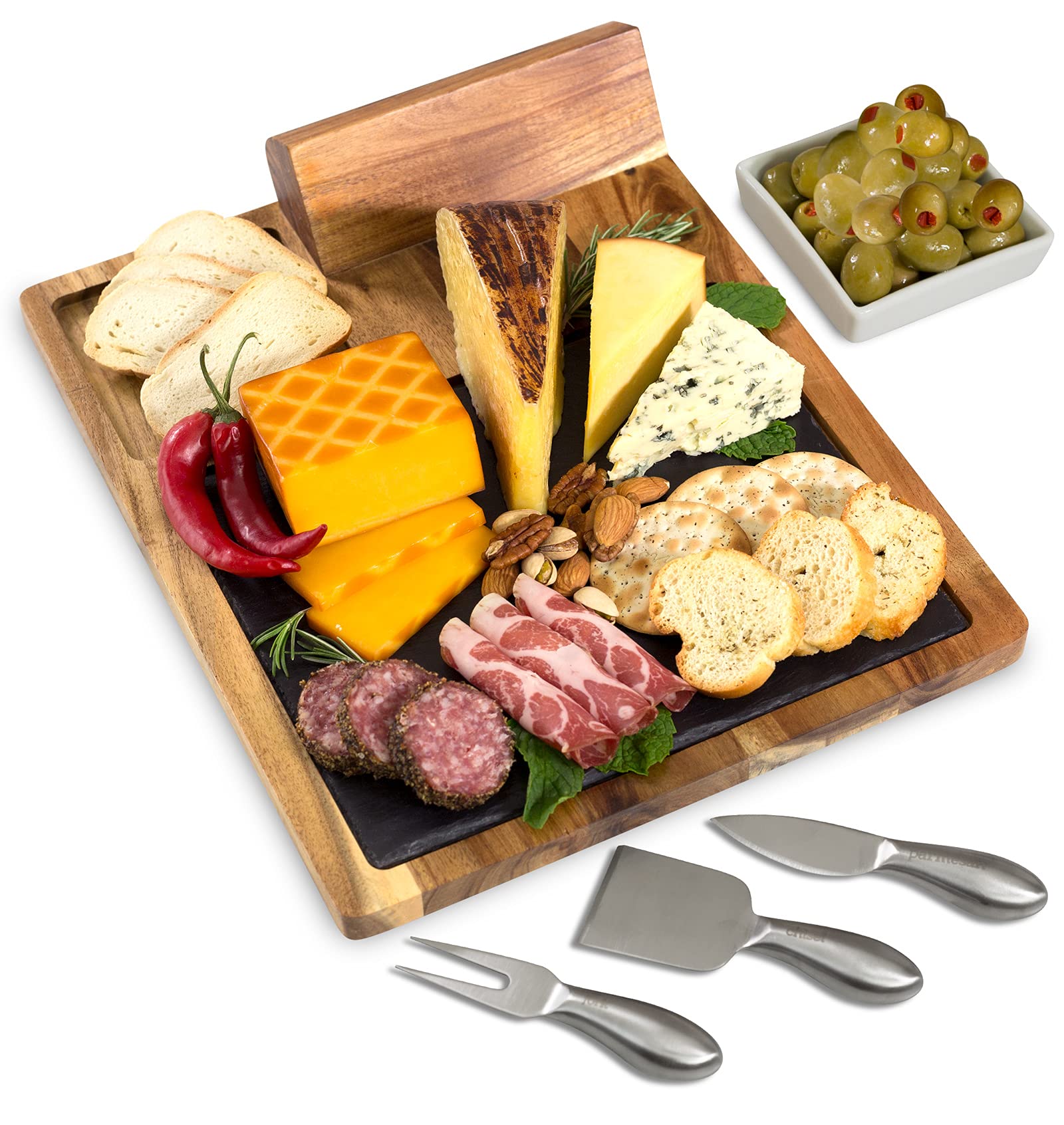 Zelancio Slate Cheese Board Set, 10 Piece Set Includes 4 Stainless Steel Cheese Tools, Premium Acacia Serving Tray with Slate Board, and Porcelain Olive Dish