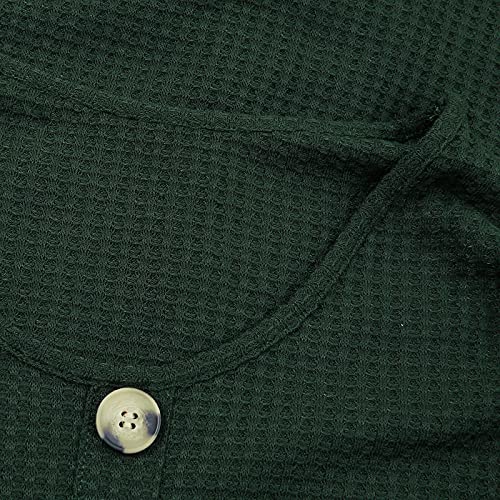 Waffle Swing Dress for Women Deep V Neck Long Sleeve Ruched Dress Solid Color Button Pockets Loose Dress