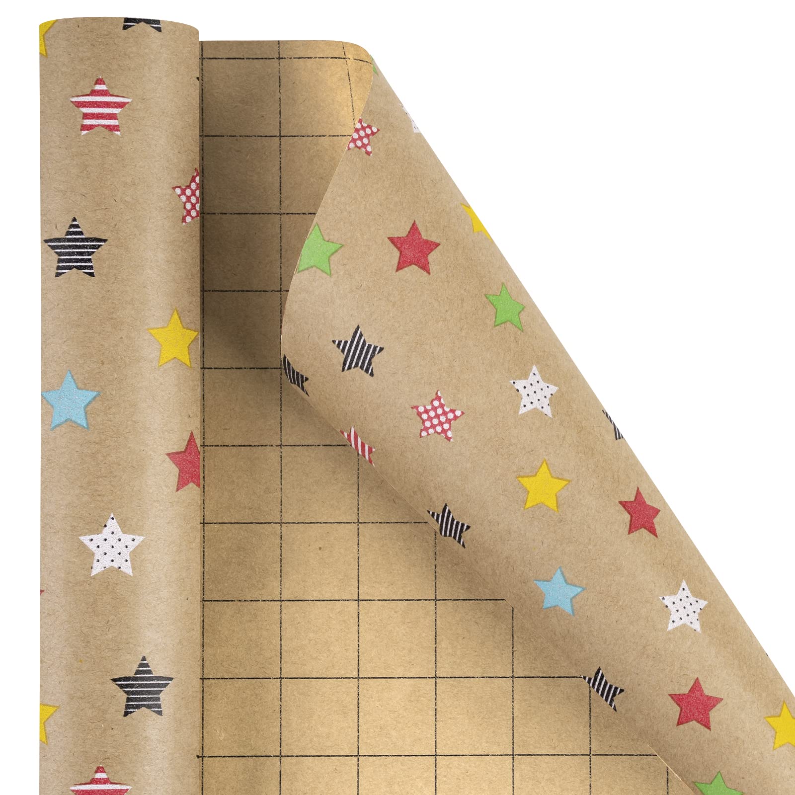RUSPEPA Kraft Wrapping Paper Roll - Mini Roll - Colorful Star Design for All Occasions - 17 Inches X 32.8 Feet