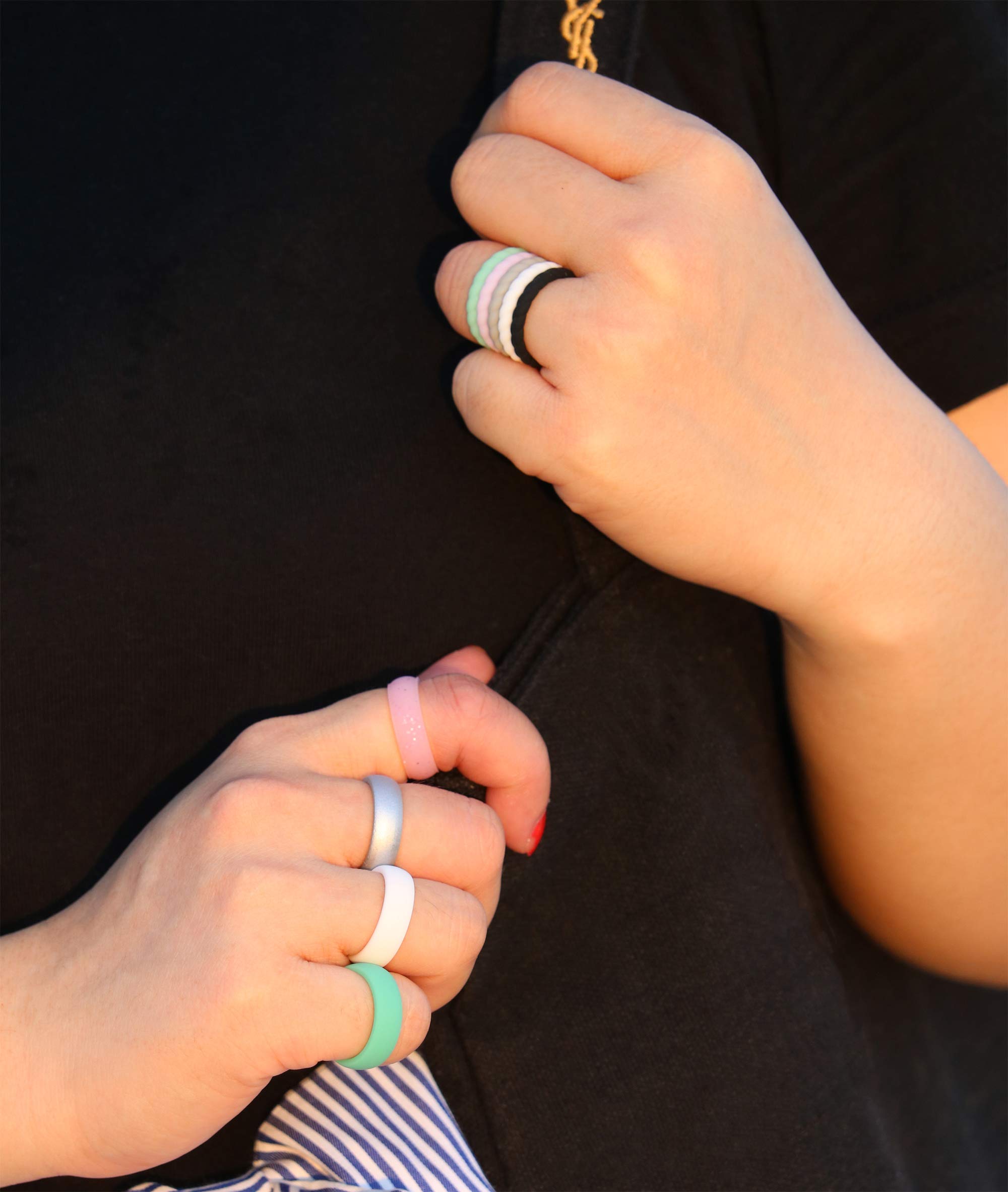 SkullParty Silicone Wedding Ring Bands for Women 10 Pack Size 8 Womens Thin Stackable & Flash Powder Rubber Wedding Band Rings 5.7mm & 3mm Wide - Pink Black Teal Metallic White Grey Mint Green