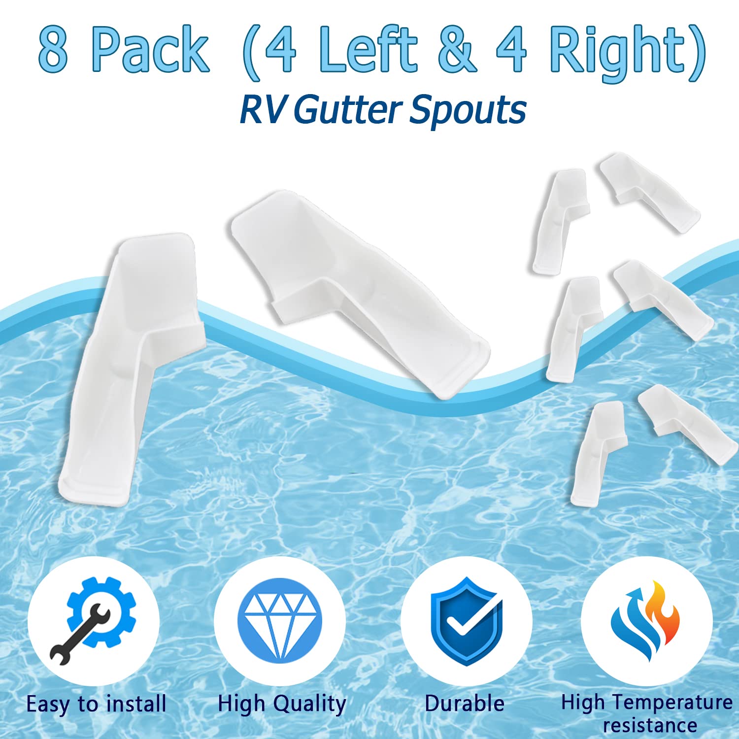 RV Gutter Spouts, White Rain Gutter Extensions to Protect The Top of RV in Rainy Days, Reduce Dirt and Black Streaks on Your RV(4 Left & 4 Right)