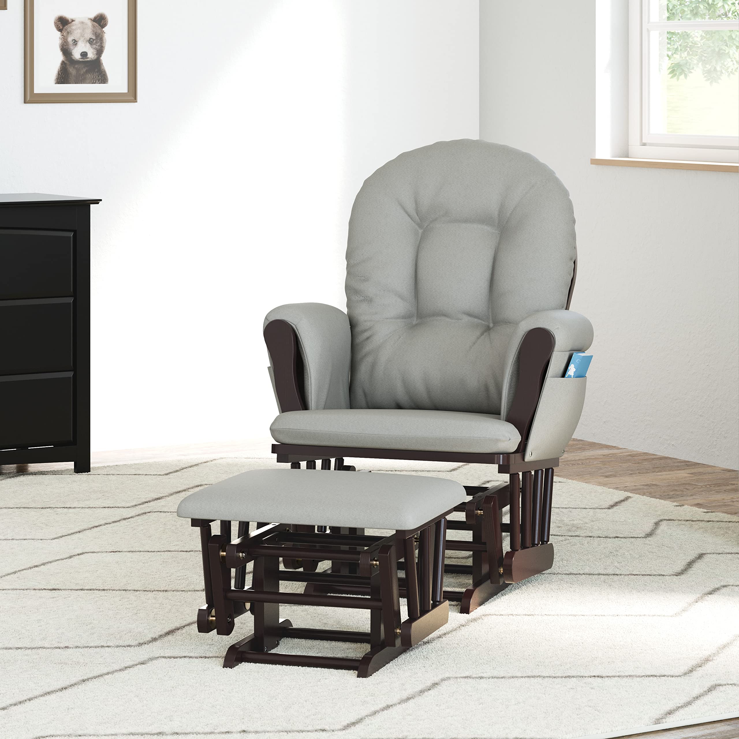 Storkcraft Premium Hoop Glider and Ottoman (Espresso with Light Gray) โ Padded Cushions with Storage Pocket, Smooth Rocking Motion, Easy to Assemble, Solid Hardwood Base