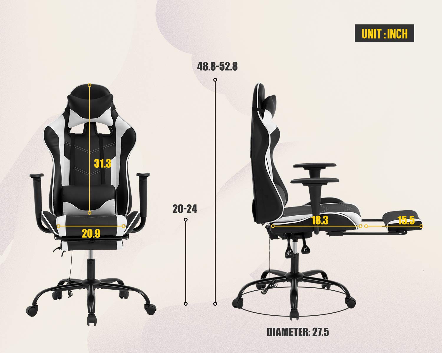 Vnewone Computer Gaming Chair Office PC Ergonomic Home Executive Desk Racing Rolling Swivel Task Adjustable High-Back PU Leather with Lumbar Support Footrest Headrest Armrest Massager, White
