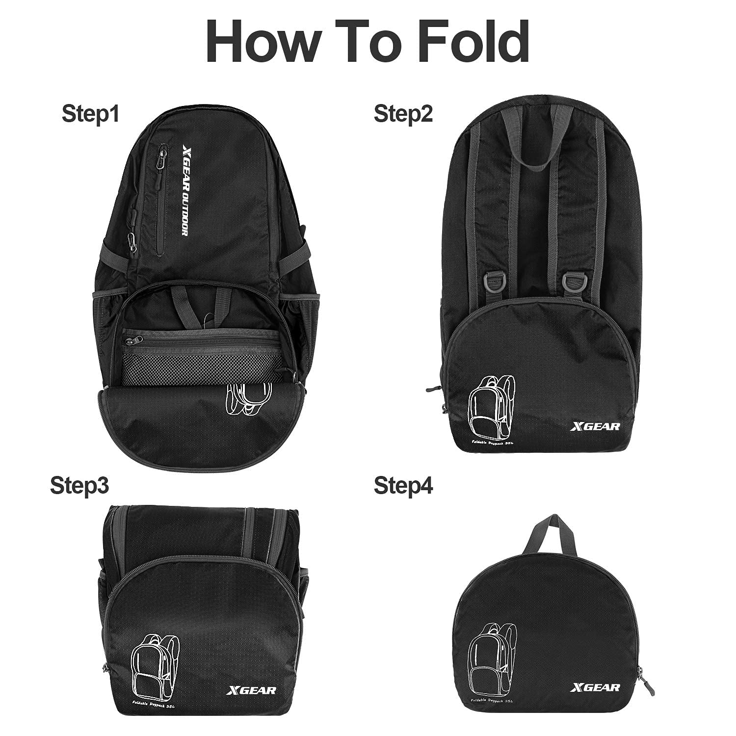 XGEAR 35L Ultralight Packable Backpack, Handy Foldable Daypack, For Travel Hiking Camping Outdoor, Black