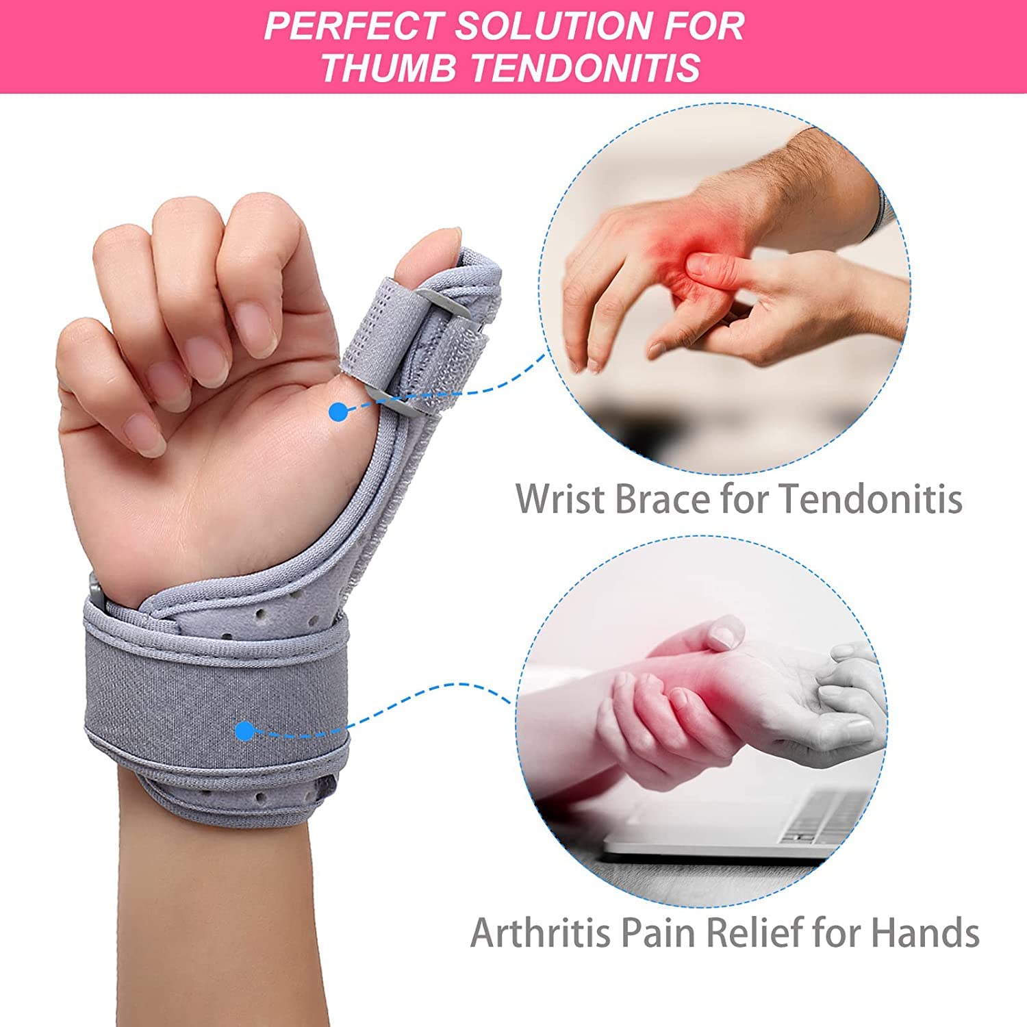 Thumb Spica Splint Brace Stabilizer Wrist Strap for Arthritis, Soft Tissue Injuries, Tendonitis, Pain, Sprains, Fractures, Carpal Tunnel & Trigger Thumb Immobilizer, Fits Both Hands, 1 Pack (Gray)