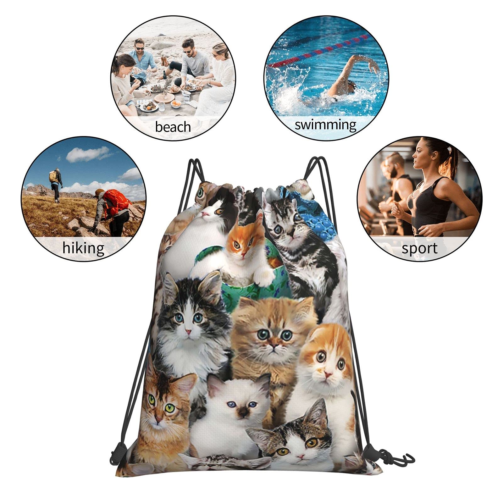 TumzfhQ cute Cats Drawstring Backpack Funny Sport Gym Bag Water Resistant Draw String Sackpack for Men Women Yoga Travel Beach Cinch Sack
