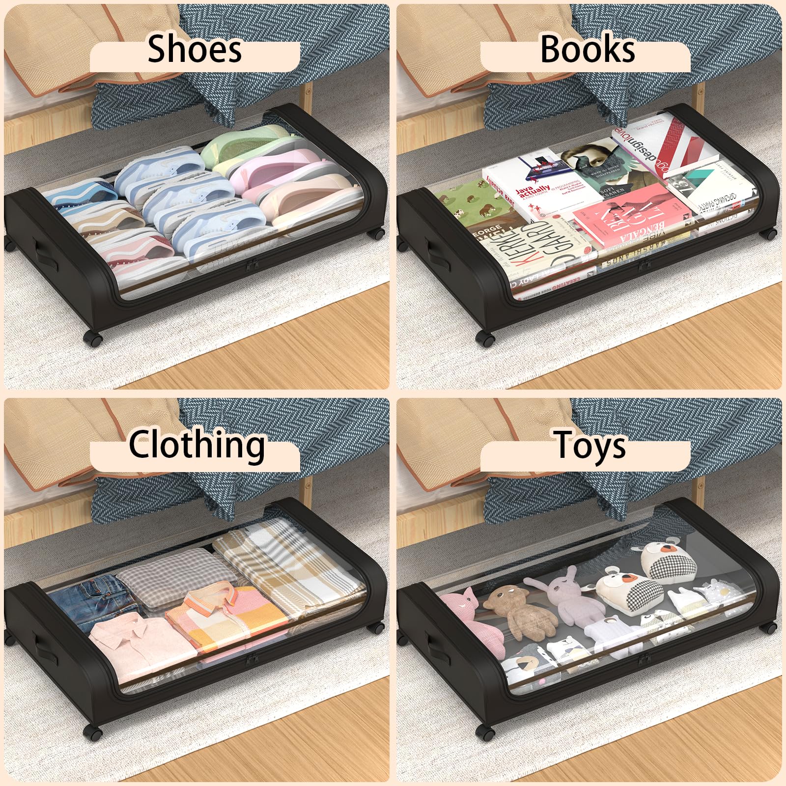 Under Bed Storage Drawers with Wheels and Lid - 48L×2 Pack Under Bed Shoe Storage Organizer - Large Under Bed Storage Bins for Dorm, Couch - Rolling Underbed Storage Containers - Elegant Black