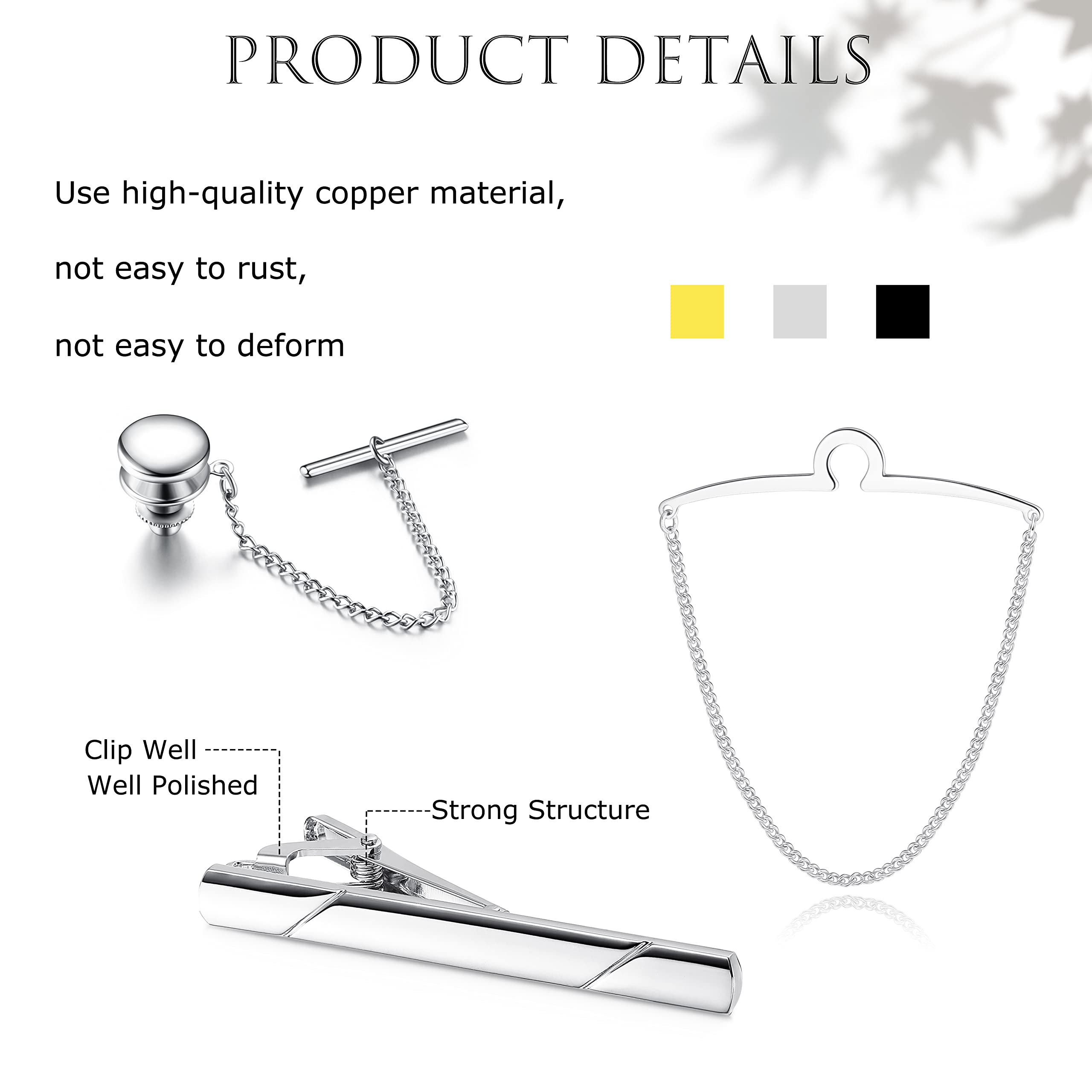 THUNARAZ 8 Pcs Tie Clips for Men Tie Bar Clip for Regular Ties Necktie Mens Tie Tacks Clutch with Chain Wedding Business Tie Pin Clips with Gift Box