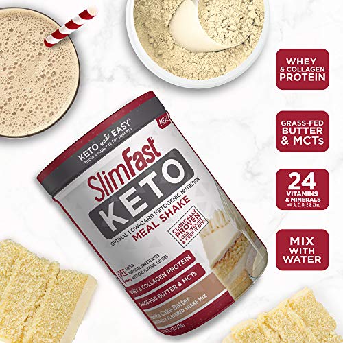 SlimFast Keto Meal Replacement Powder, Vanilla Cake Batter, Low Carb with Whey & Collagen Protein, 10 Servings