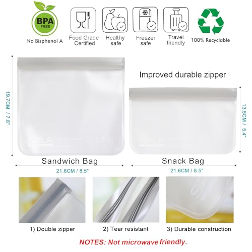 SPLF 10 Pack Reusable Sandwich Bags Dishwasher Safe, Reusable Quart Freezer Bags, Leakproof Reusable Storage Bags Silicone and Plastic Free for Marinate Meats, Cereal, Lunch, Veggies
