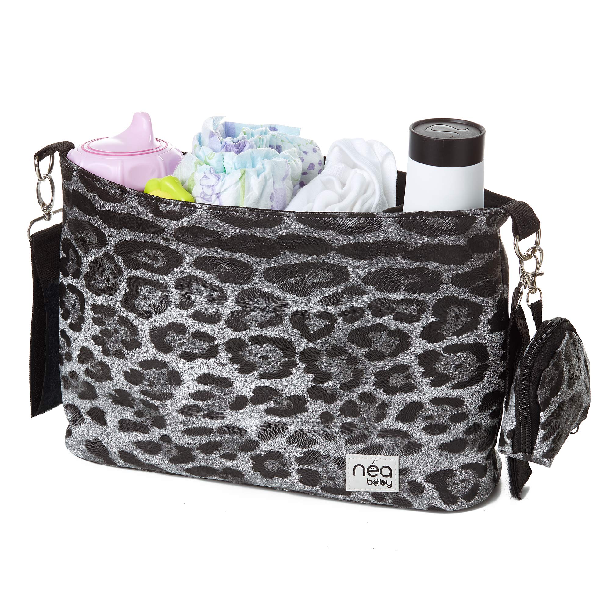 Stylish Stroller Organizer with Cup Holders and Detachable Pacifier Holder Case- Extra Storage Stroller Caddy Holds Mother’s Care Products- Black Leopard