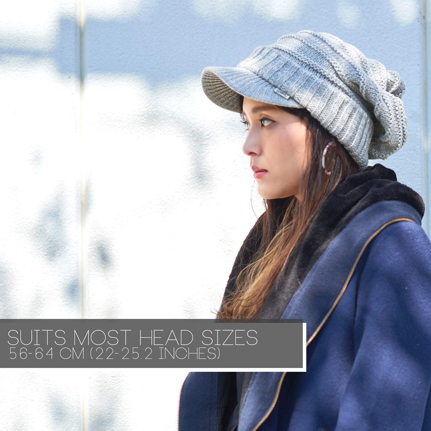 Slouchy Beanie Brim Hat - Mens Slouch Cap Womens Warm Slouchy Brim Cable Knit with Brimmed Visor Black