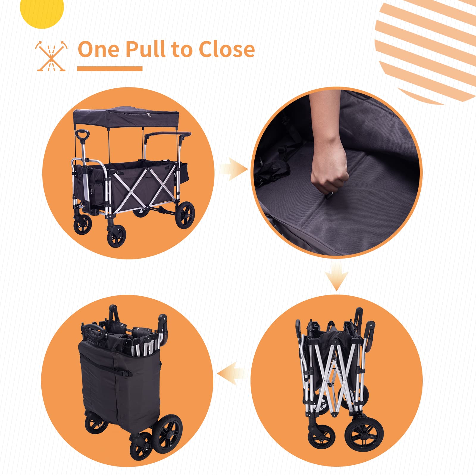 Stroller Wagon for 2 Kids, Wagon Cart Featuring 2 Seat with 5-Point Harnesses and Adjustable Canopy, Foldable Push-Pull Rod Wagon Stroller for Garden, Stroller, Camping, Grocery Cart (Black)