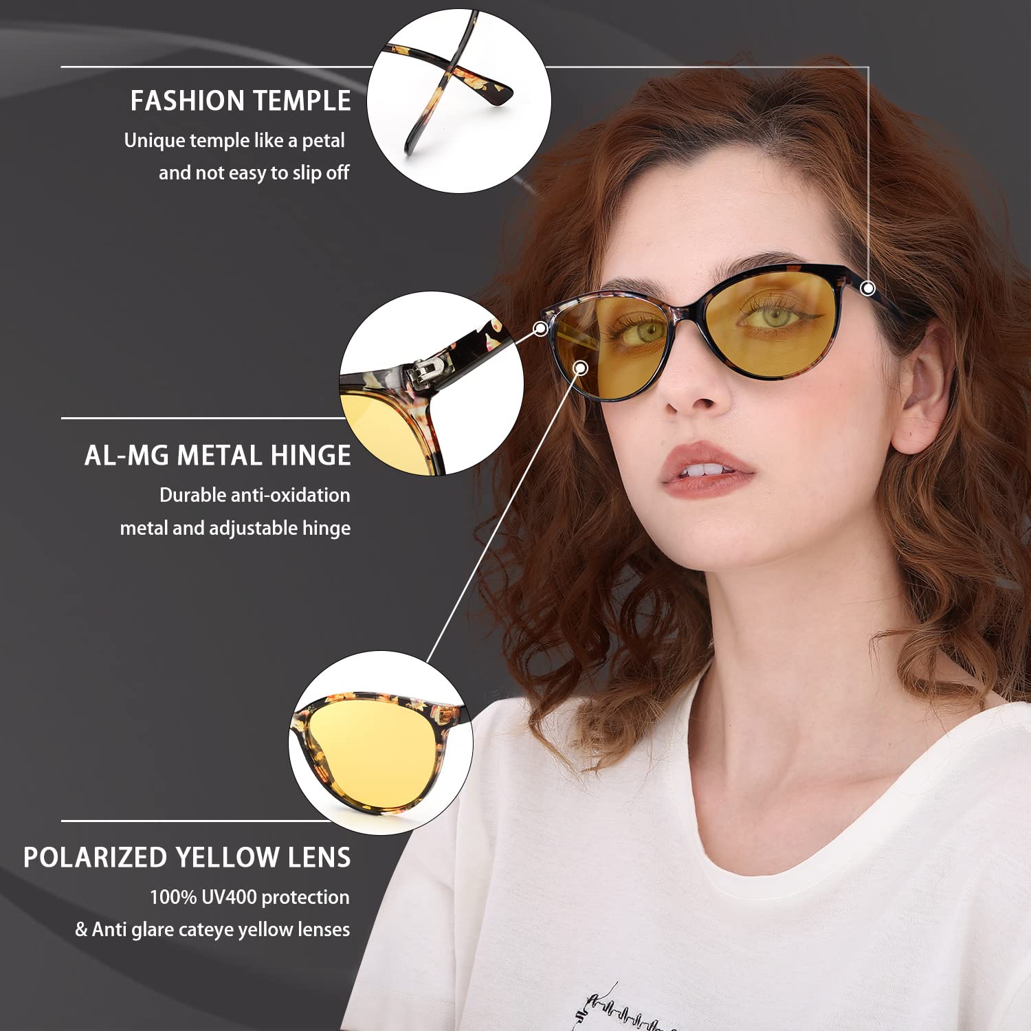 TJUTR Night-Vision Glasses for Women, Polarized Night-Driving Glasses Reduce Glare Nighttime Glasses UV Protection