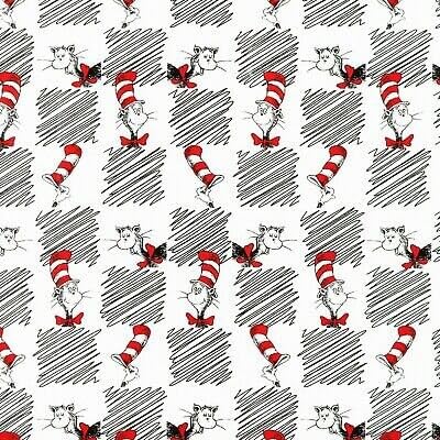 Strong-Store Licensed Fabric - Dr Seuss Cat in Hat Check Black White - Yard 100% Cotton
