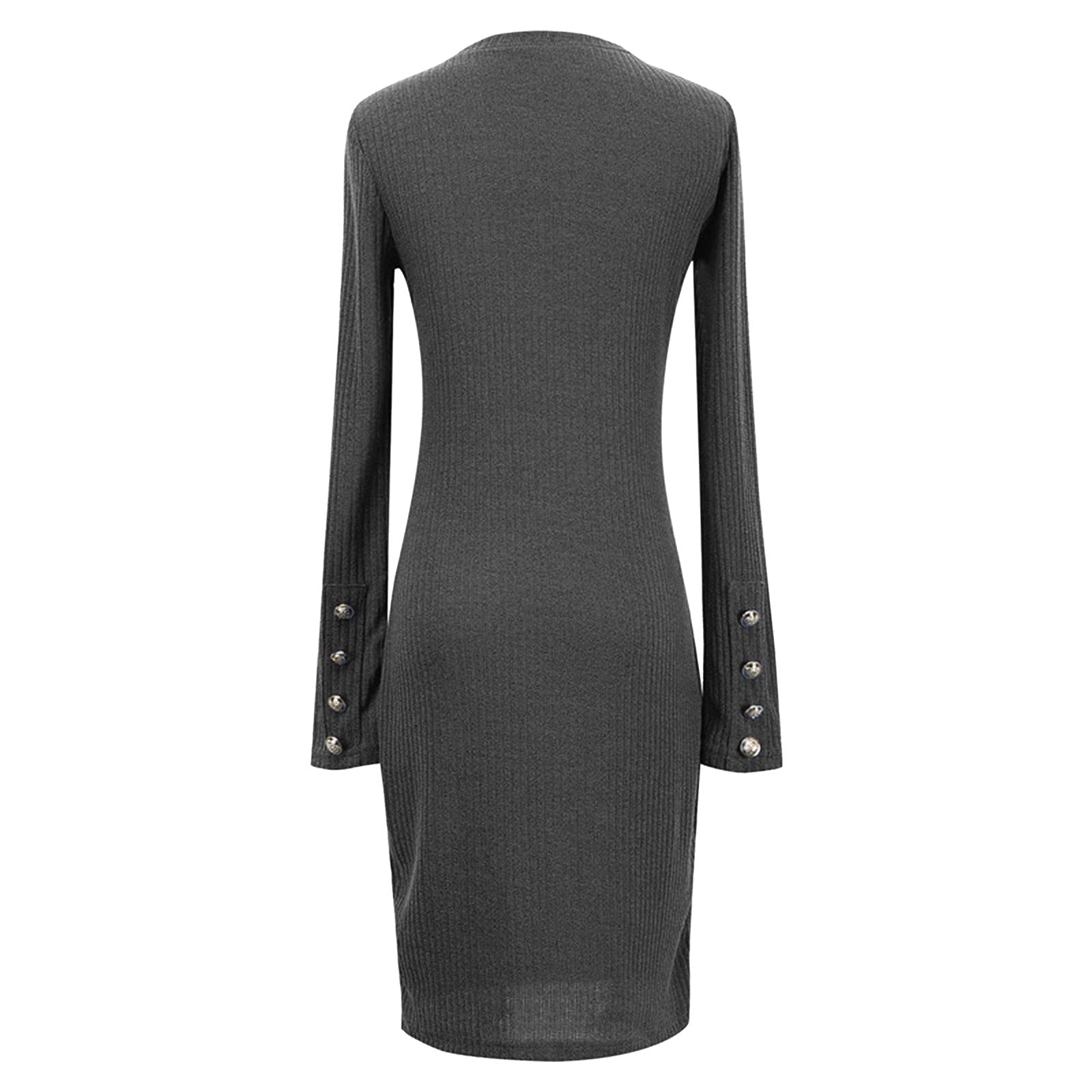 Wrap Dress for Women Button Side Split Sweater Dress Long Sleeve Solid Slim O Neck Knitted Sweater Mini Dress Gray