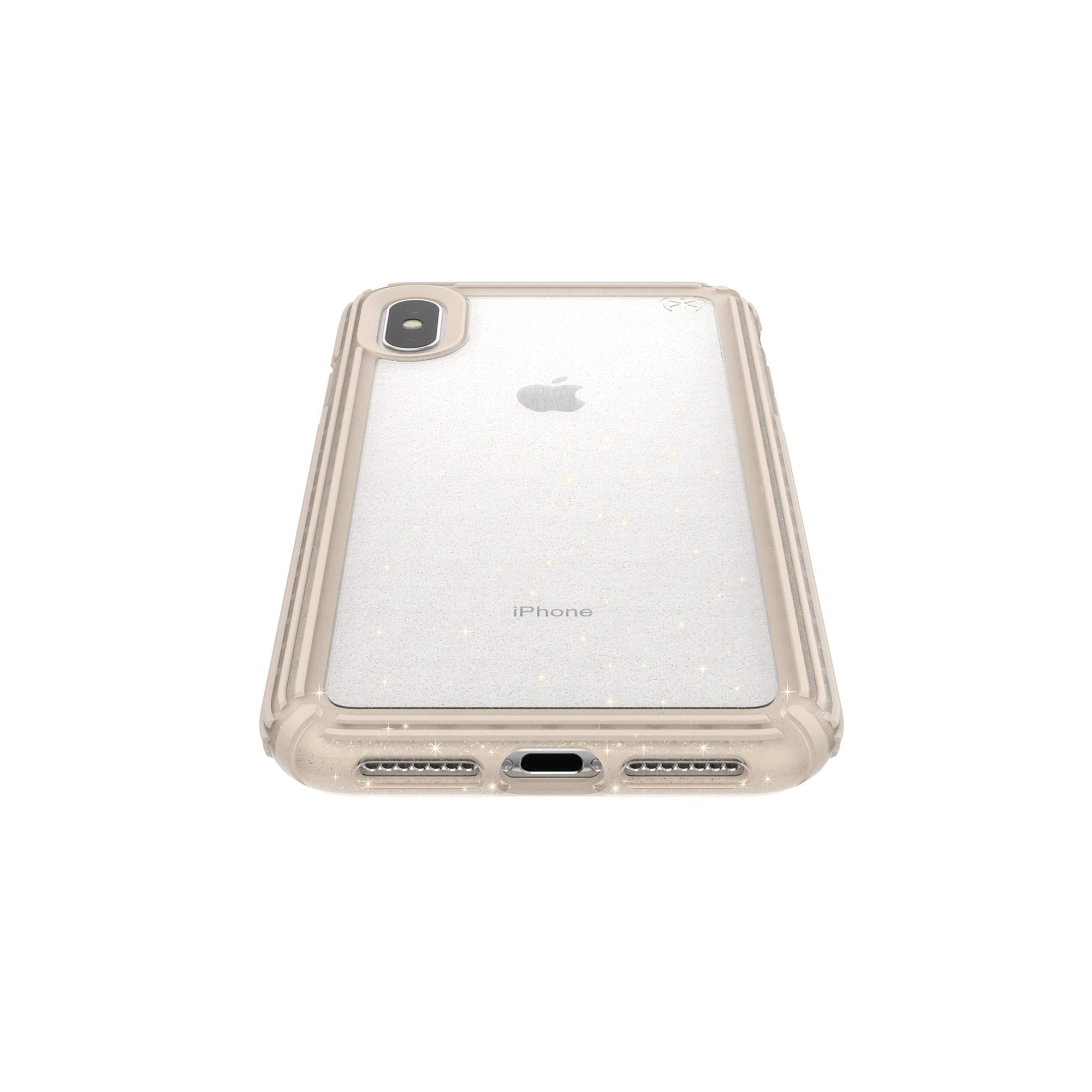 Speck Products Presidio V-Grip iPhone Xs Max Case, Clear with Gold Glitter/Calfskin Brown (120255-7730)