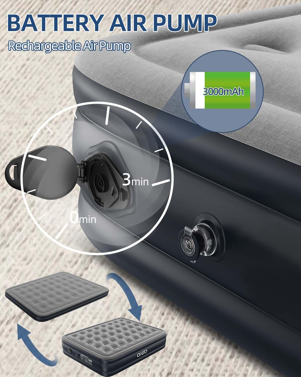 QIGO Air Mattress Queen Size with Chargeable Battery Built in Pump, Blow up Mattress for Camping, Home and Guests, Quick Self Inflating Air Bed, Colchon Inflable - Portable, Comfortable and Durable